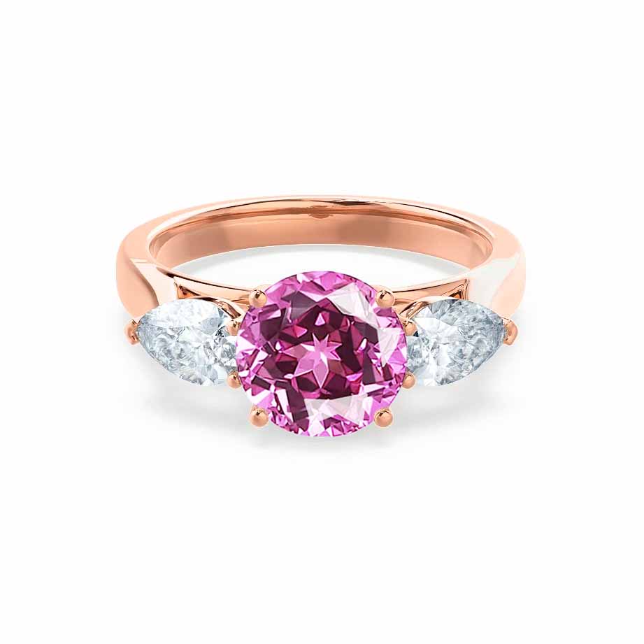 Blossom Round Chatham Pink Sapphire & Pear Cut Lab Diamond 18k Rose Gold Trilogy Ring – Lily ...