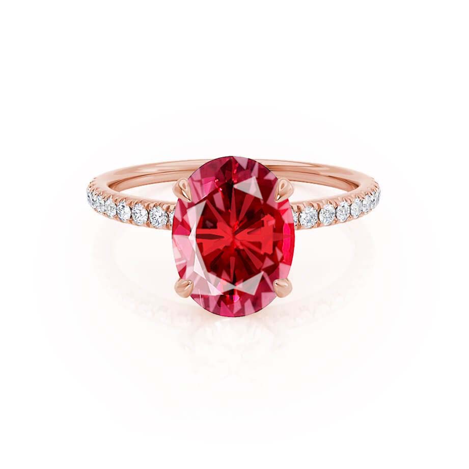 LIVELY - Chatham® Oval Ruby 18k Rose Gold Petite Hidden Halo Pavé Shou – Lily Arkwright