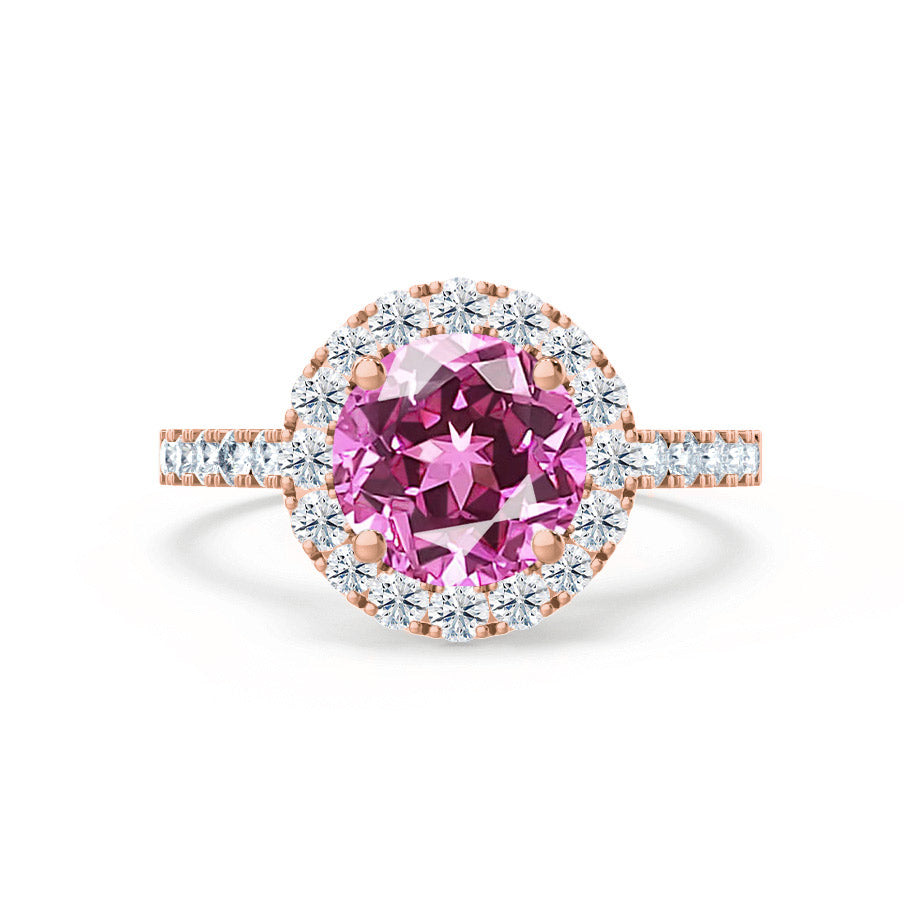 CECILY - Lab Grown Pink Sapphire & Diamond 18k Rose Gold Halo Ring ...