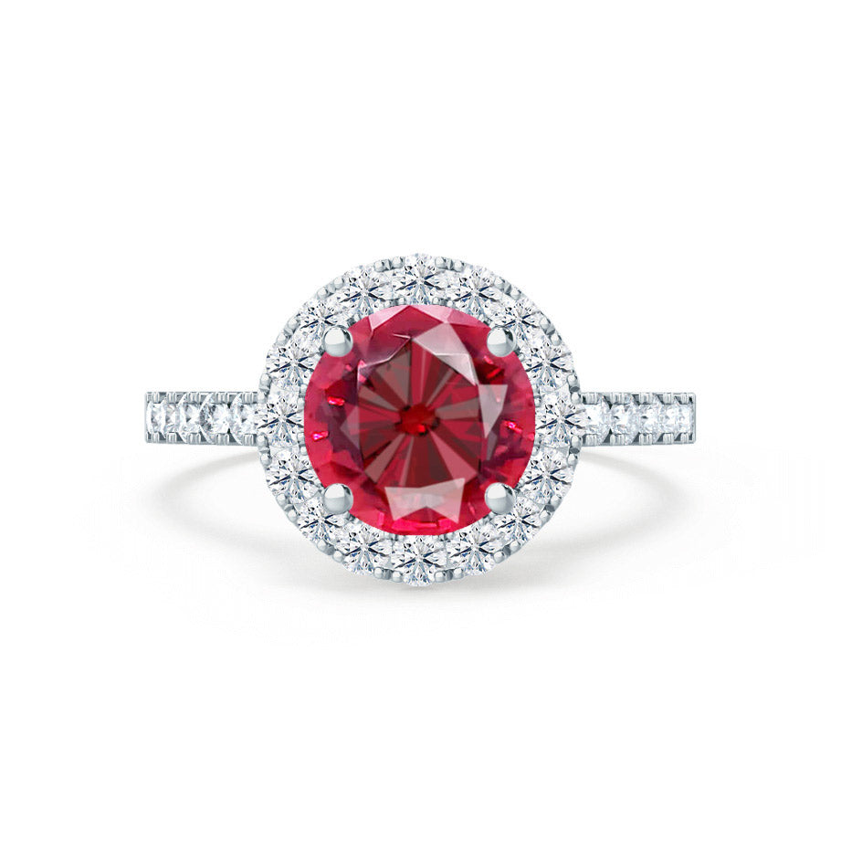 CECILY - Chatham® Lab Grown Red Ruby & Diamond 18k White Gold Halo Rin ...