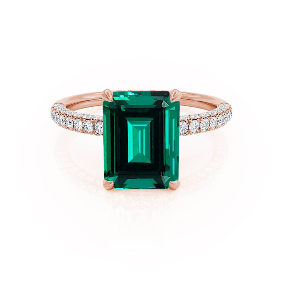 COCO - Chatham® Emerald & Diamond 18k Rose Gold Petite Hidden Halo Tri ...