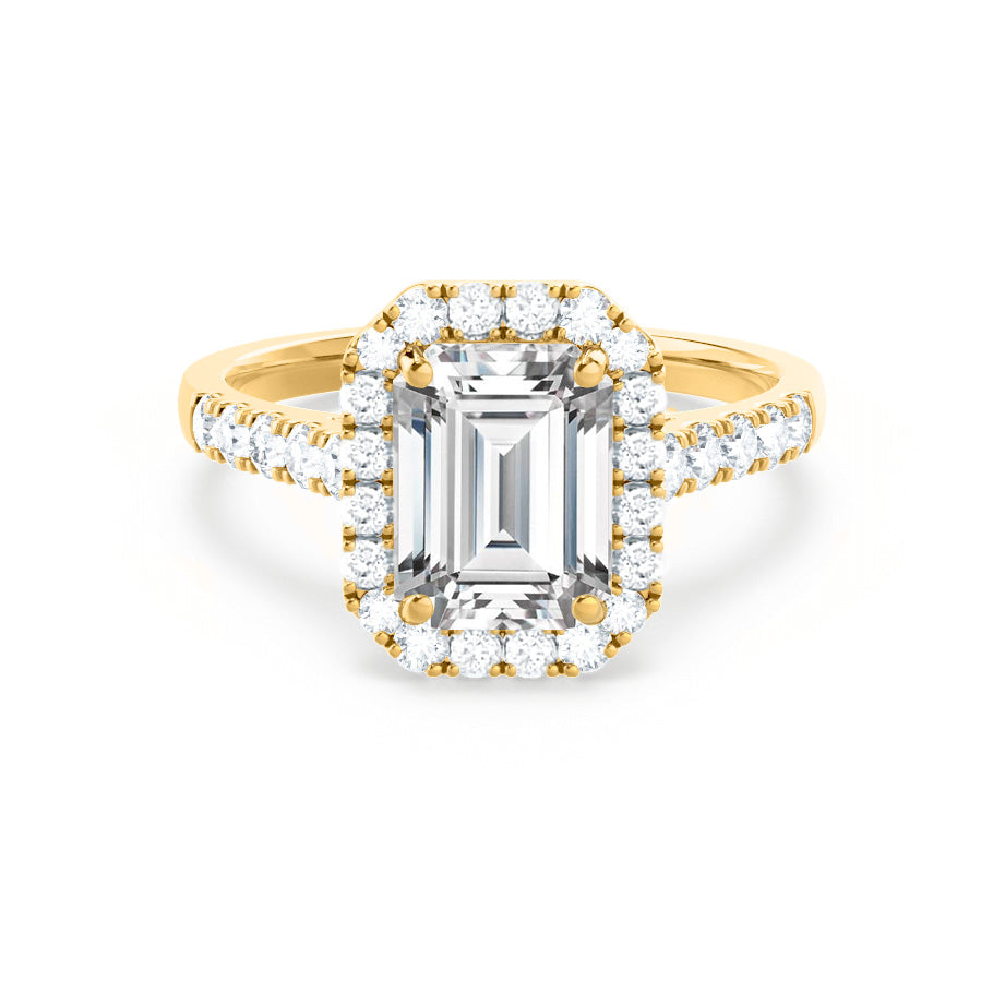 Esme Emerald Moissanite & Diamond 18k Yellow Gold Halo Rings – Lily ...
