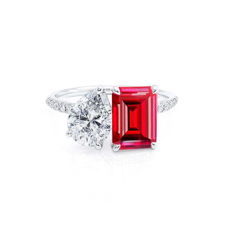 CELESTE - Toi Et Moi Ruby Emerald & Lab Diamond Pear Cut Ring 950 Plat ...