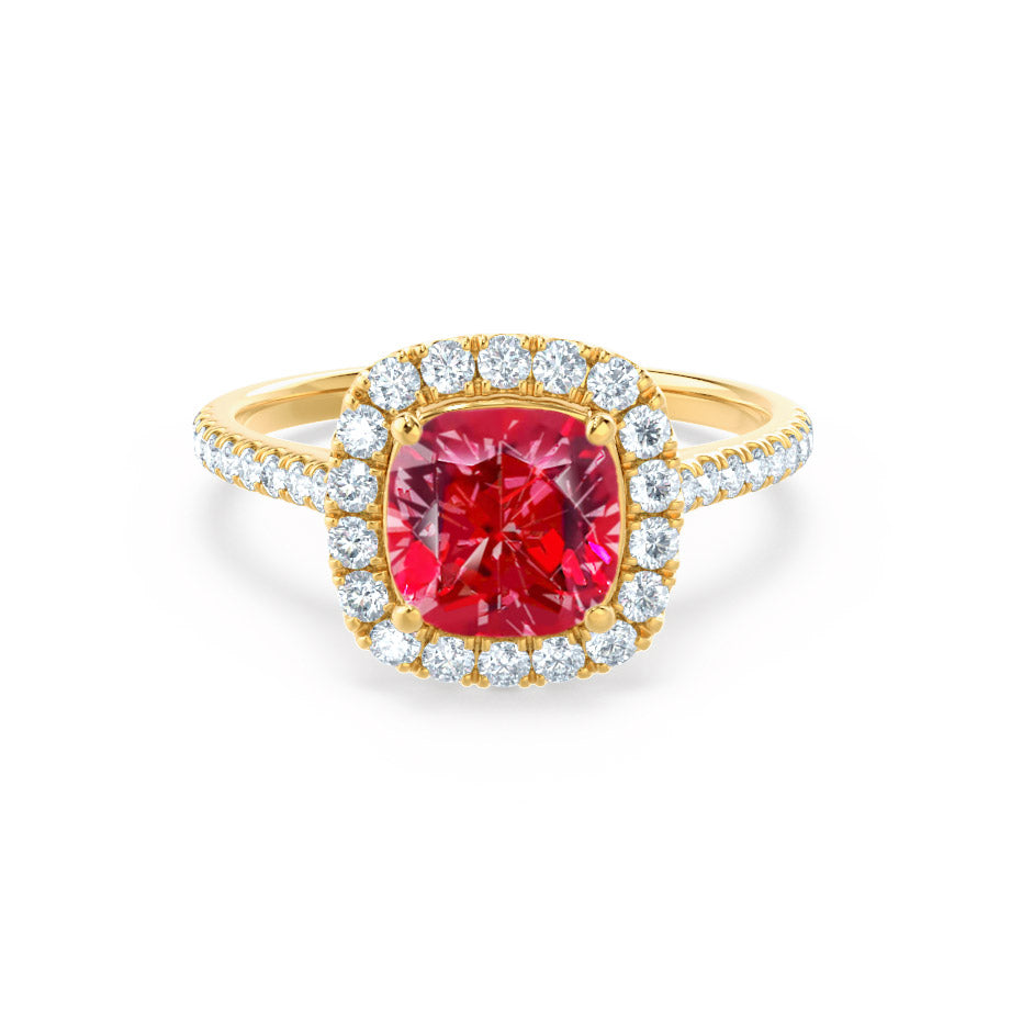 VIOLETTE - Chatham® Cushion Ruby & Diamond 18k Yellow Gold Petite Halo ...