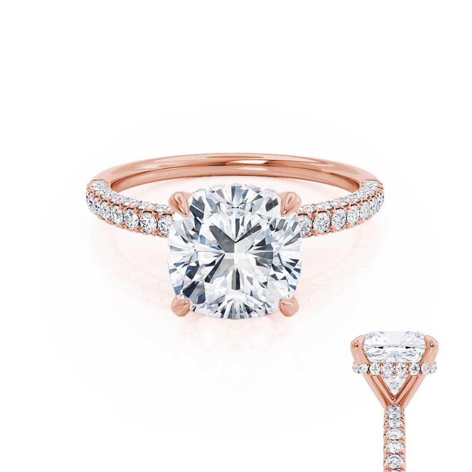 COCO - Cushion Cut Lab Diamond 18k Rose Gold Petite Hidden Halo Triple ...